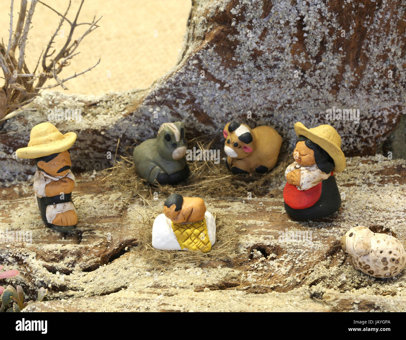 Mexican Nativity scene with holy family in clothes in South American ...