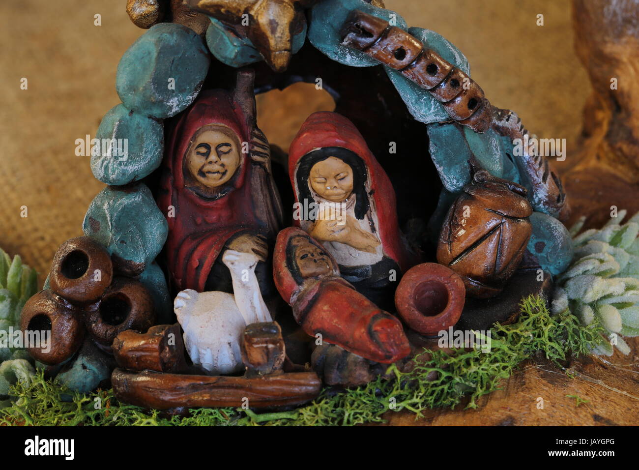 strange nativity scene with Holy family with their faces a style ...