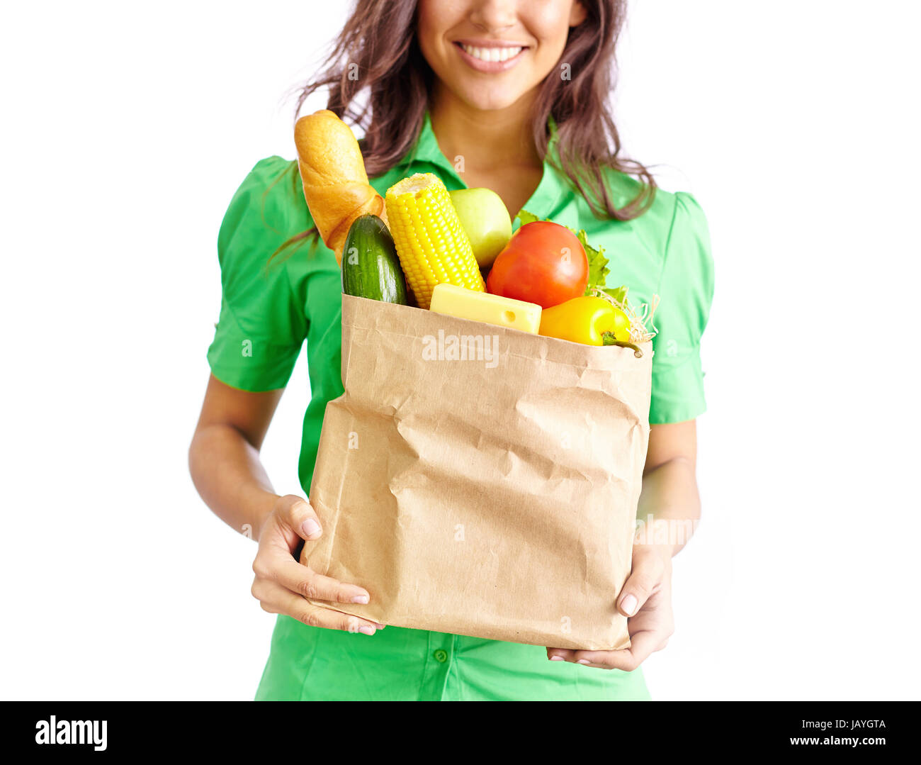 Image of paper packet full of different kinds of food held by smiling ...