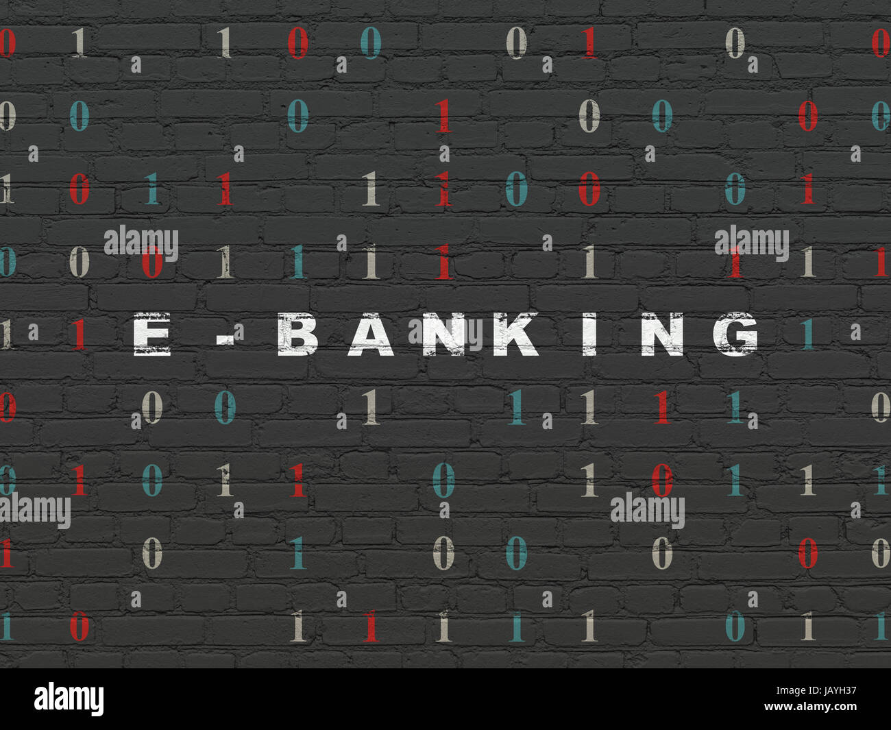 Finance concept: Painted white text E-Banking on Black Brick wall background with Binary Code ...