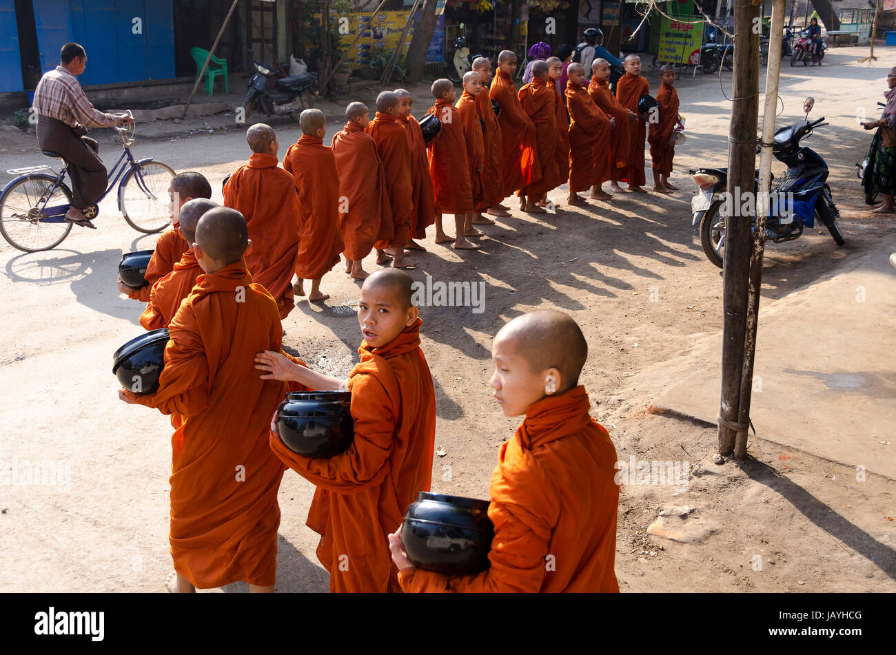 Monks collecting donations of food, Pakokku, Myanmar Stock Photo - Alamy