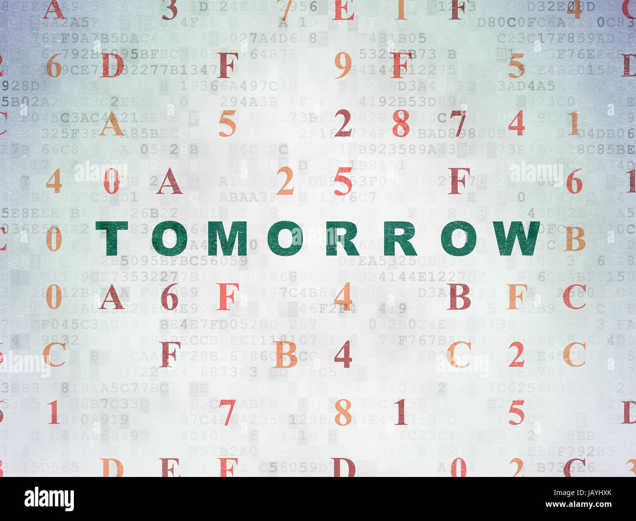 Timeline concept: Painted green text Tomorrow on Digital Data Paper background with Hexadecimal ...