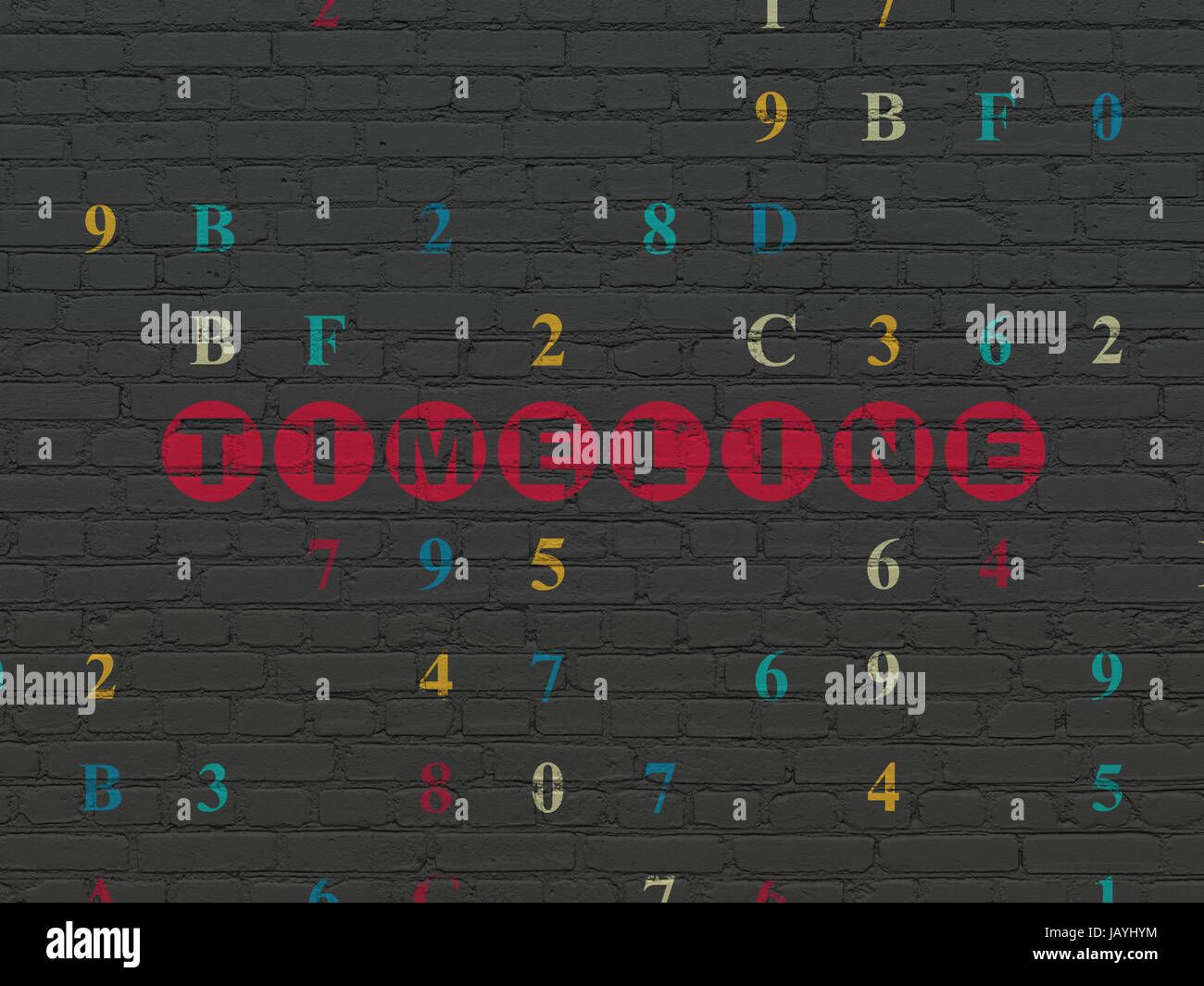 Timeline concept: Painted red text Timeline on Black Brick wall background with Hexadecimal Code ...