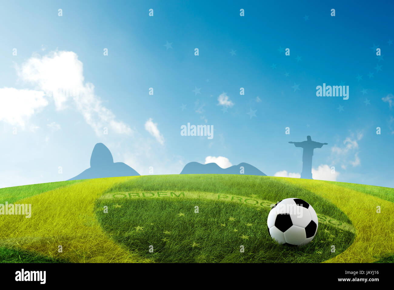 The soccer field with Brazilian skyline background Stock Photo - Alamy