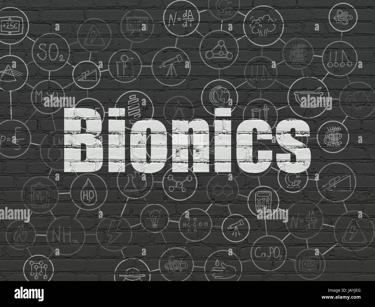 Science concept: Painted white text Bionics on Black Brick wall ...
