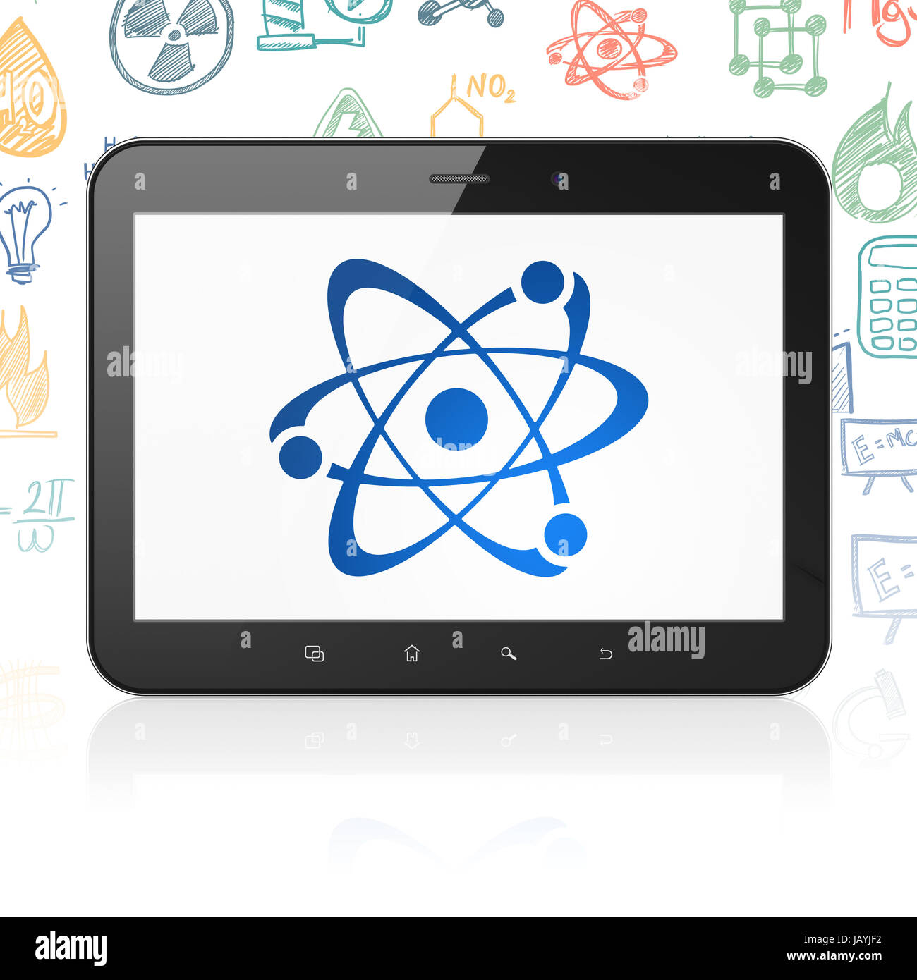 Science concept: Tablet Computer with blue Molecule icon on display ...