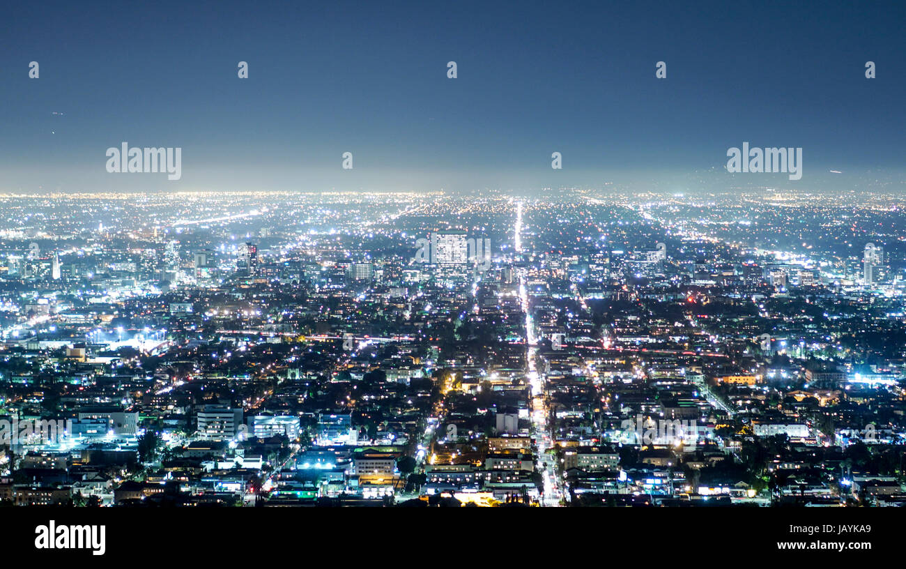 Aerial view over the city of Los Angeles by night - view from Griffith ...