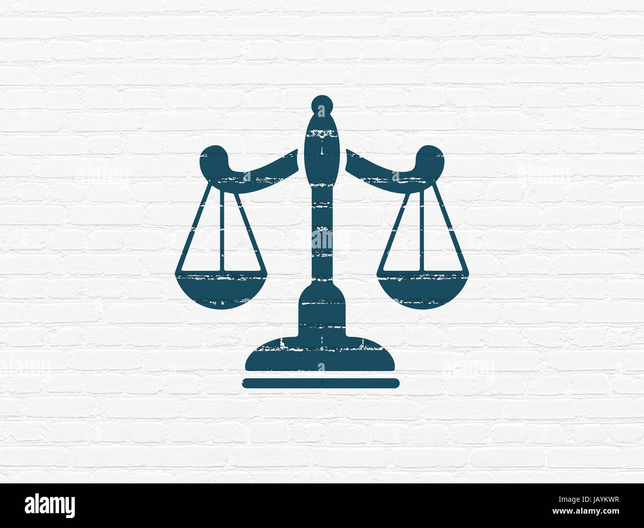 Law concept: Painted blue Scales icon on White Brick wall background ...