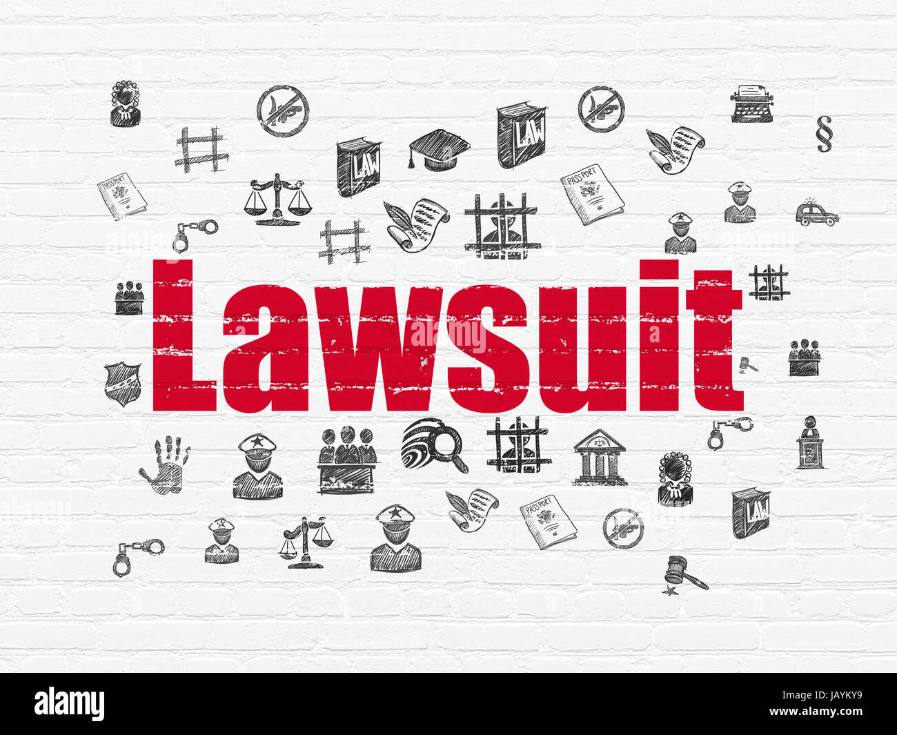 Law concept: Painted red text Lawsuit on White Brick wall background ...