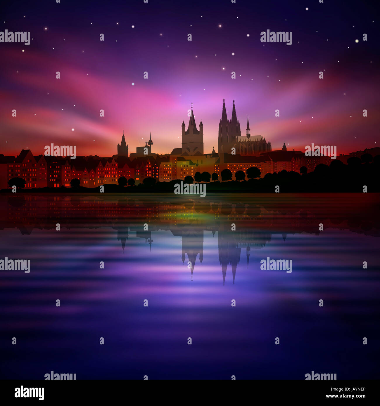 abstract background with sunset and silhouette of cologne Stock Photo ...
