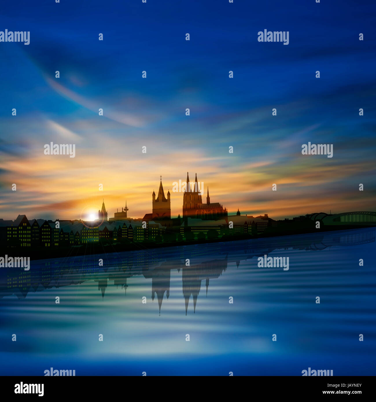 abstract blue background with sunrise and silhouette of cologne Stock ...