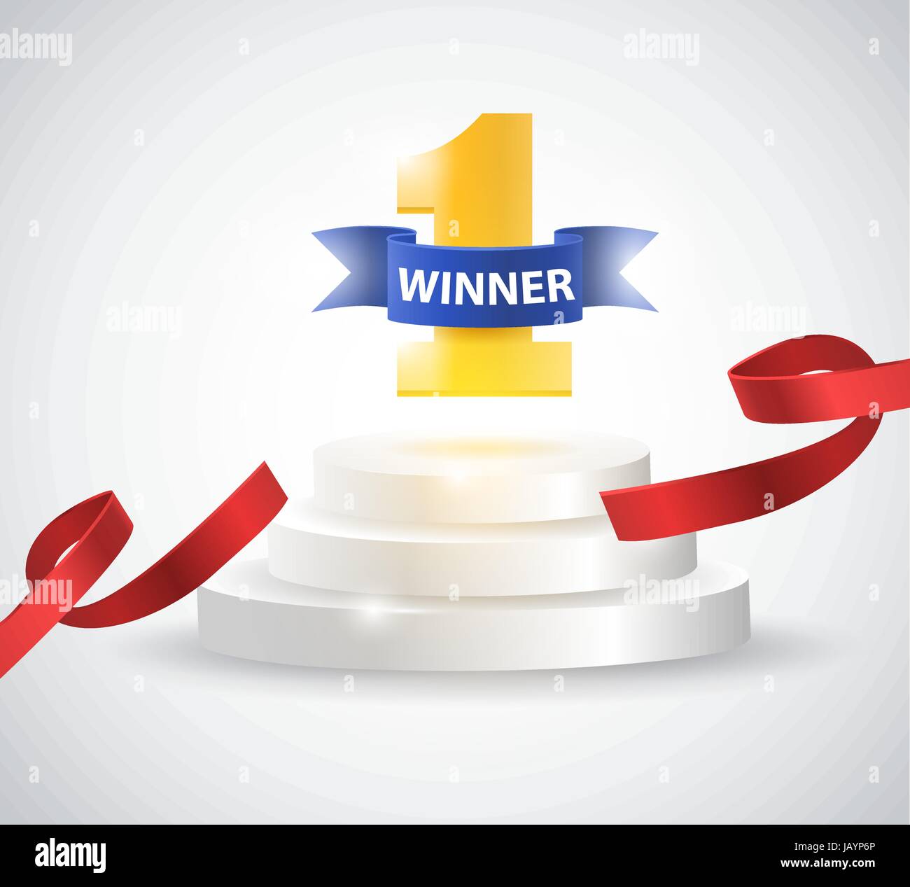 Winner background with red ribbon, on round pedestal isolated on white ...