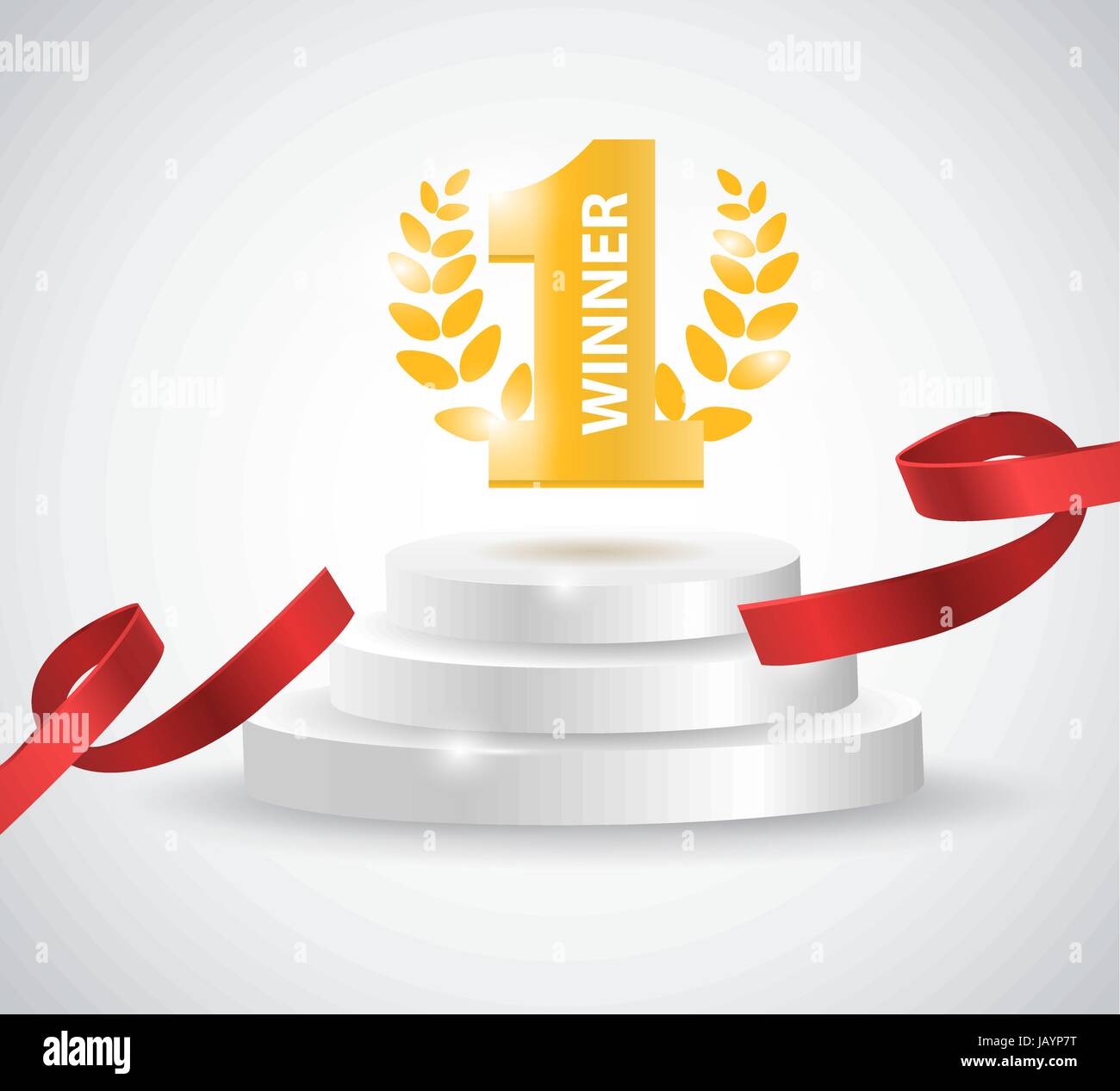 Winner background with red ribbon, on round pedestal isolated on white ...