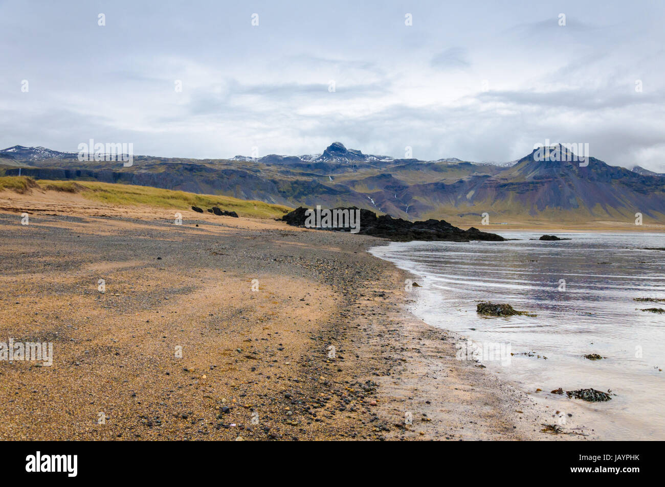 Sand beach with black voulcanic rocks in Iceland near Budir - small ...