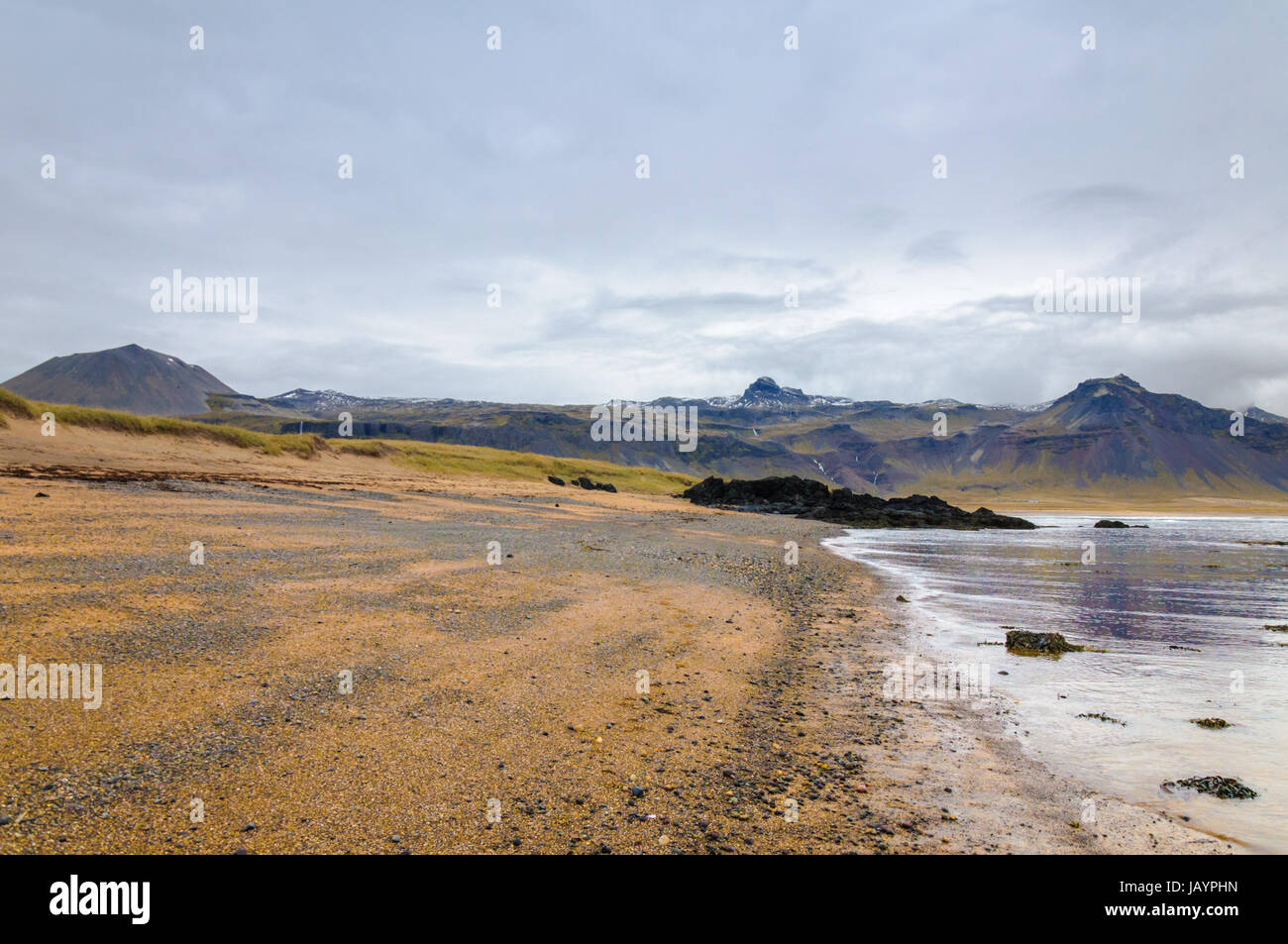 Sand beach with black voulcanic rocks in Iceland near Budir - small ...