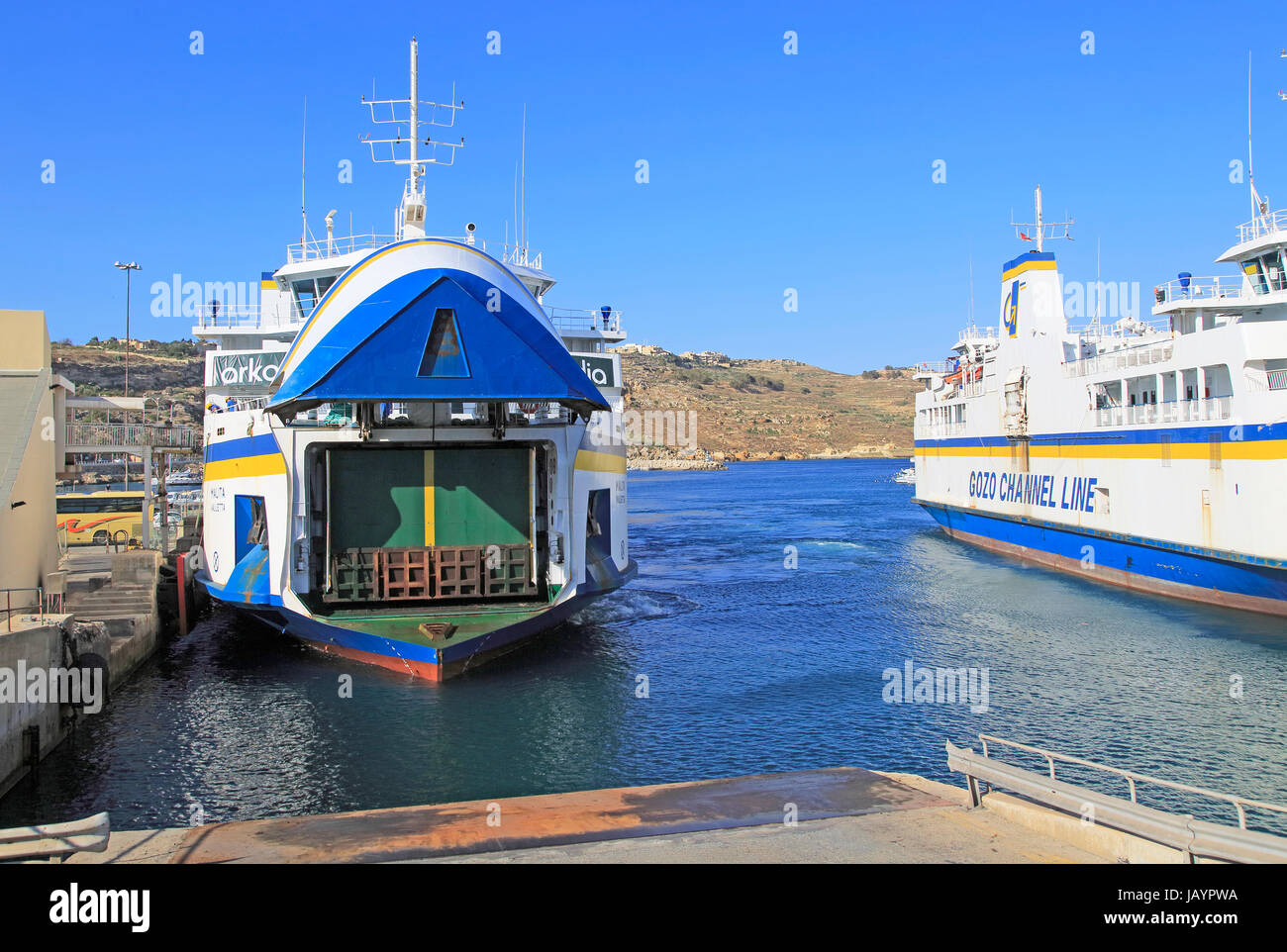 Vehicle ferry arriving at port, Gozo Channel Line Ferries, Mgarr ferry ...