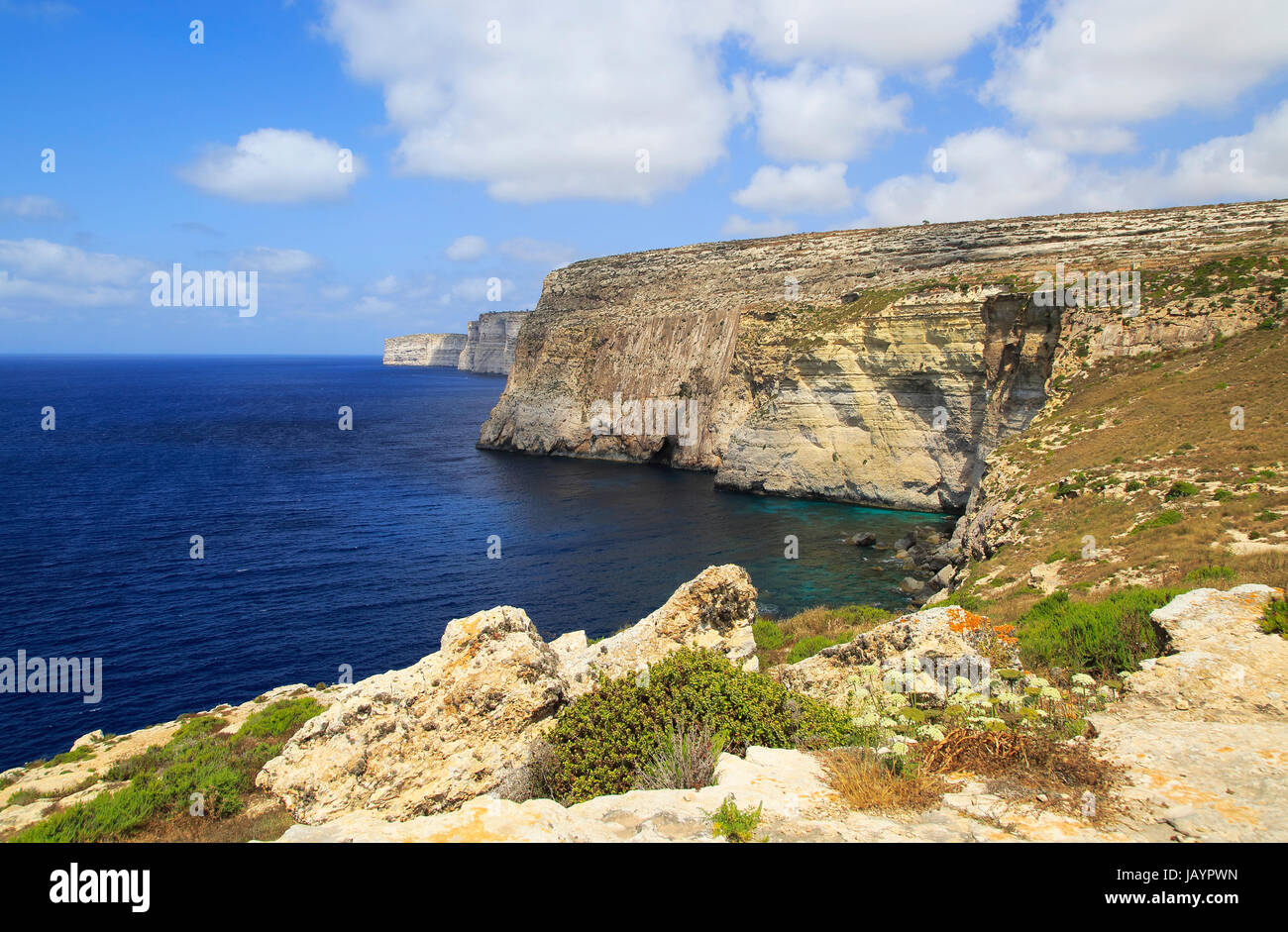 Coastal clifftop landscape view westwards at Ta' Cenc cliffs, island of ...