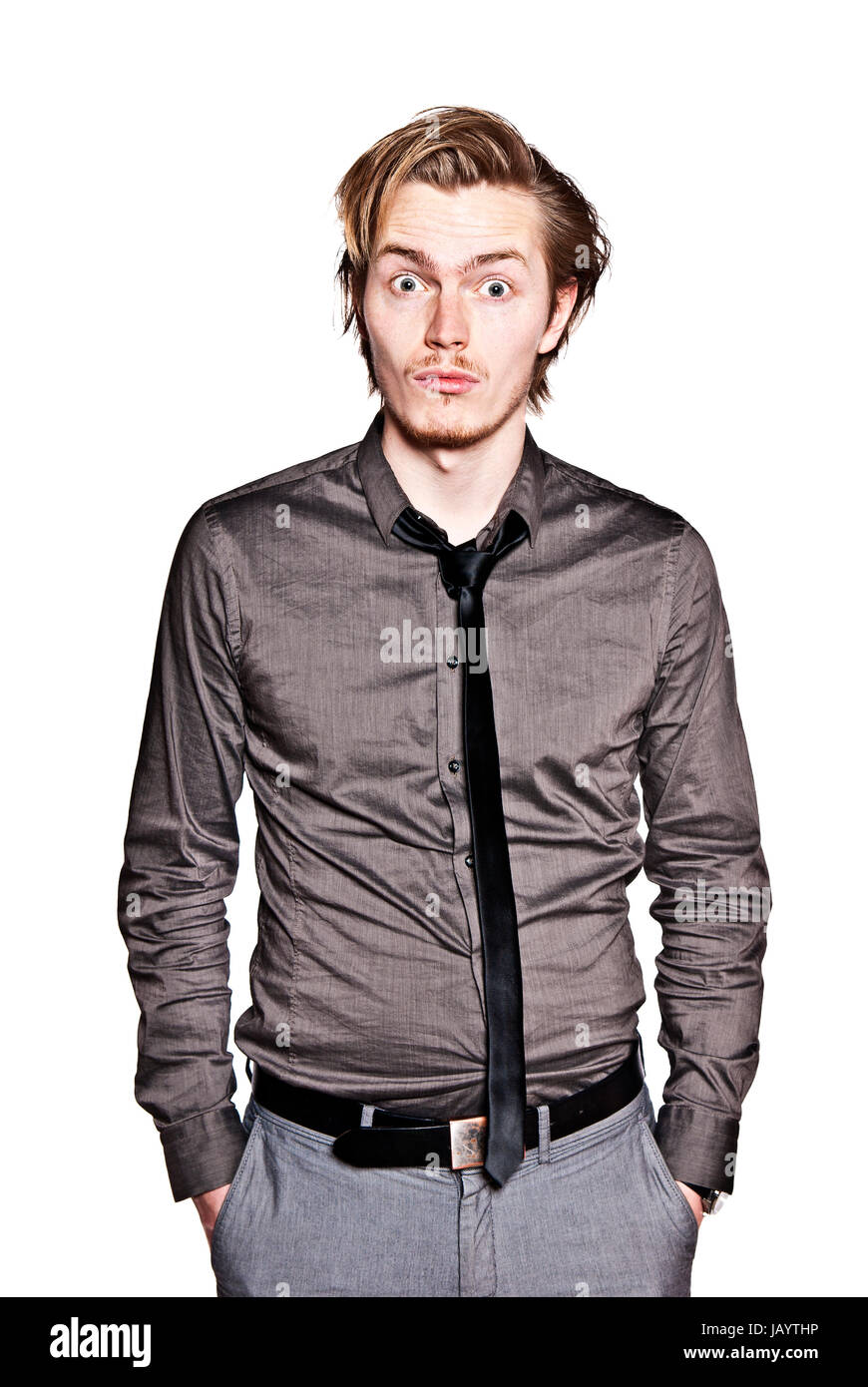 Young man expression portrait. Studio photo of surprised young man ...
