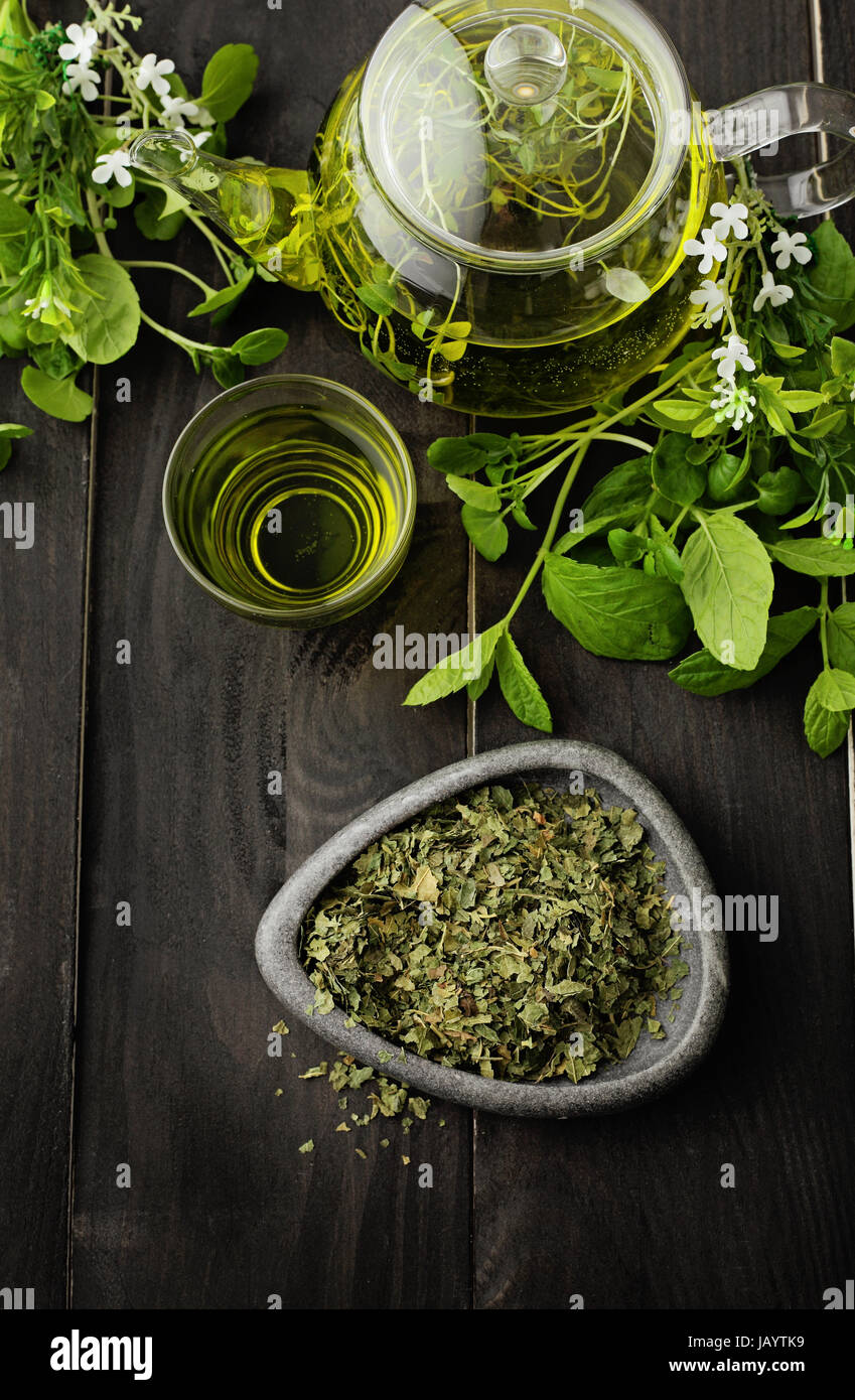 healthy green tea cup with tea leaves Stock Photo - Alamy