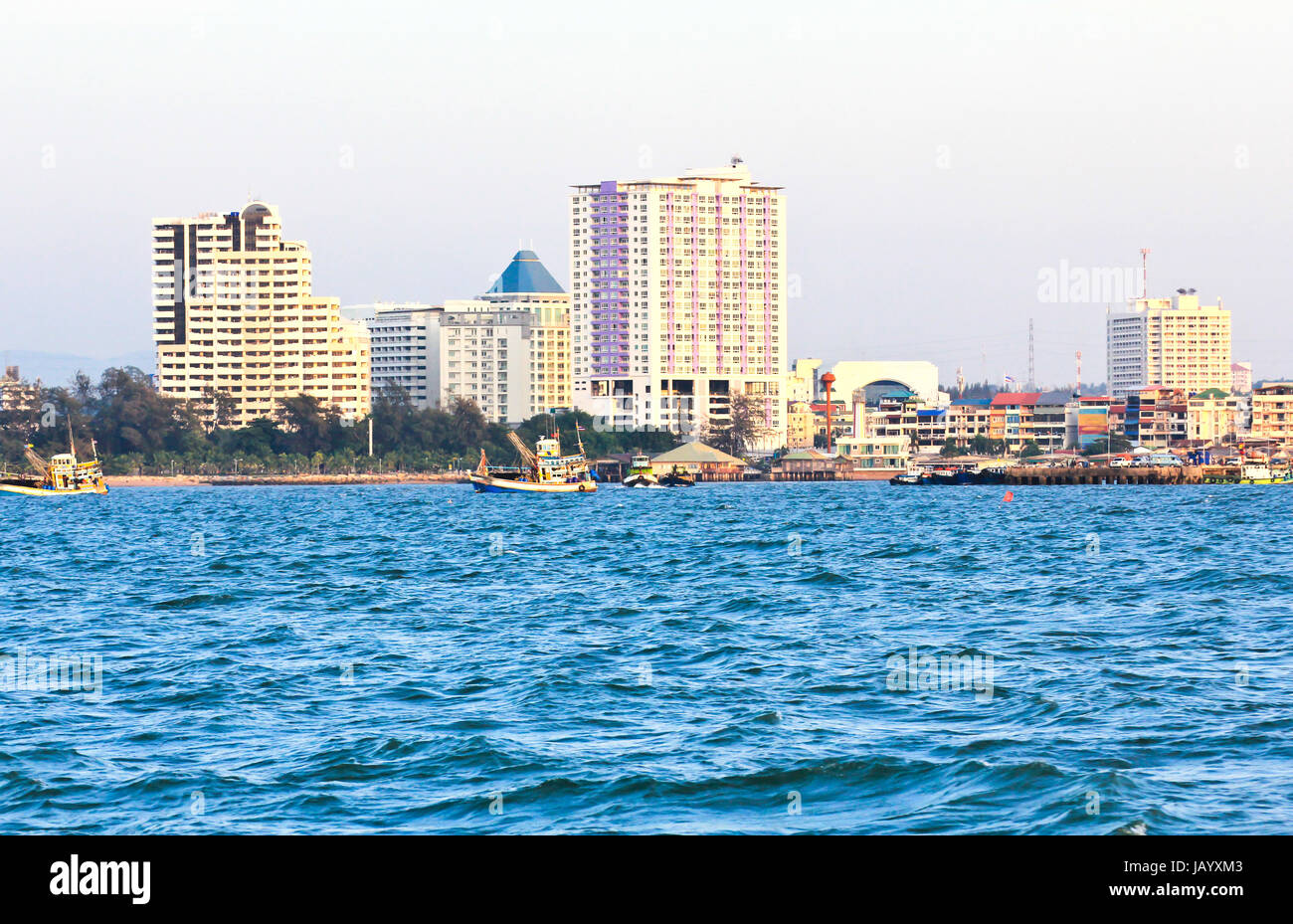 The view from the sea of the buildings and skyscrapers in Sriracha ...