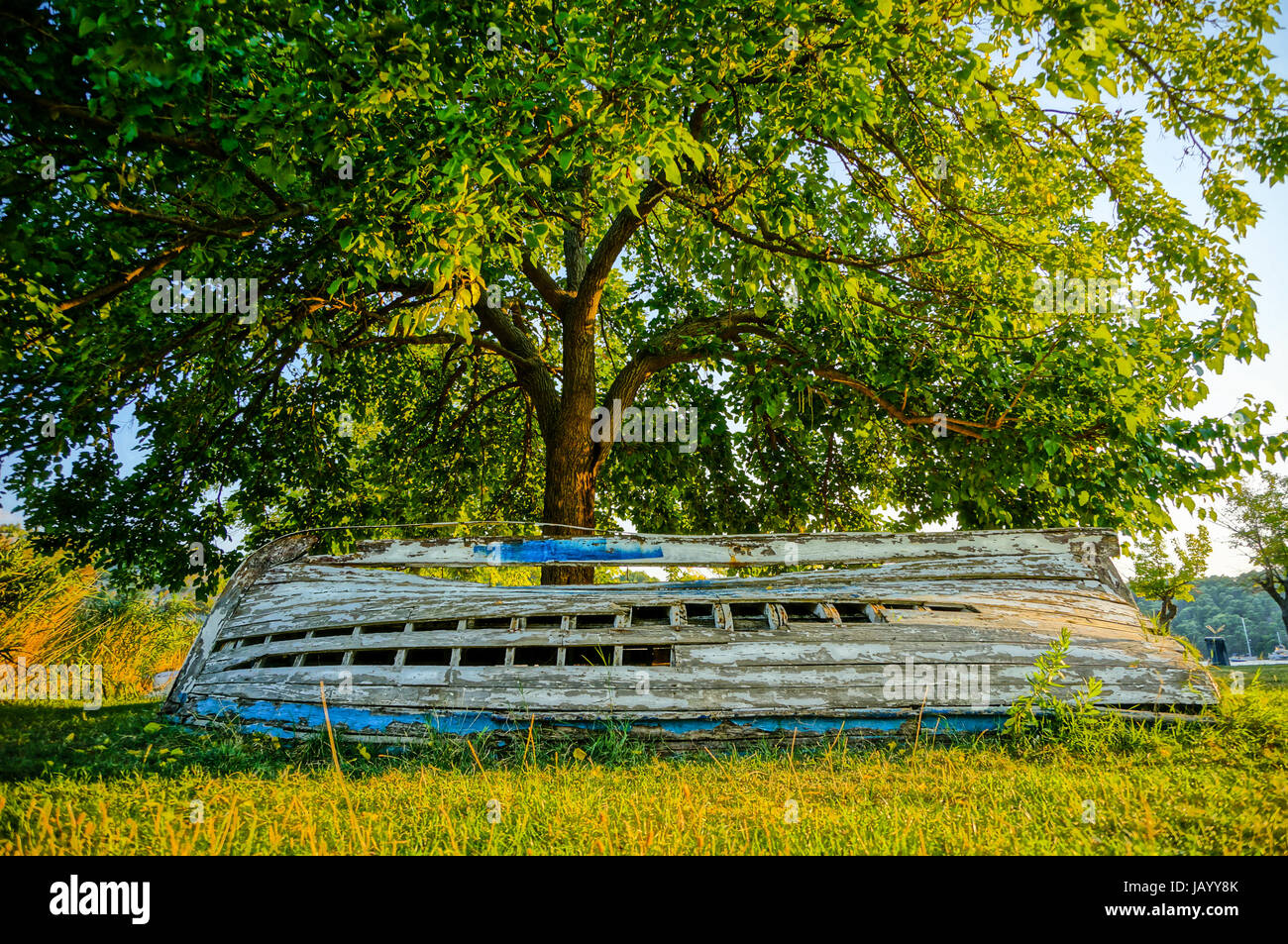 old wooden boat needs repair. lying under a tree in green gras. picture ...