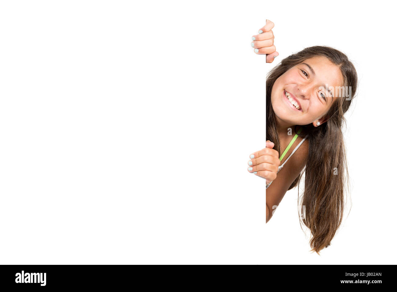 Happy tennager girl with a white board isolated in white Stock Photo ...