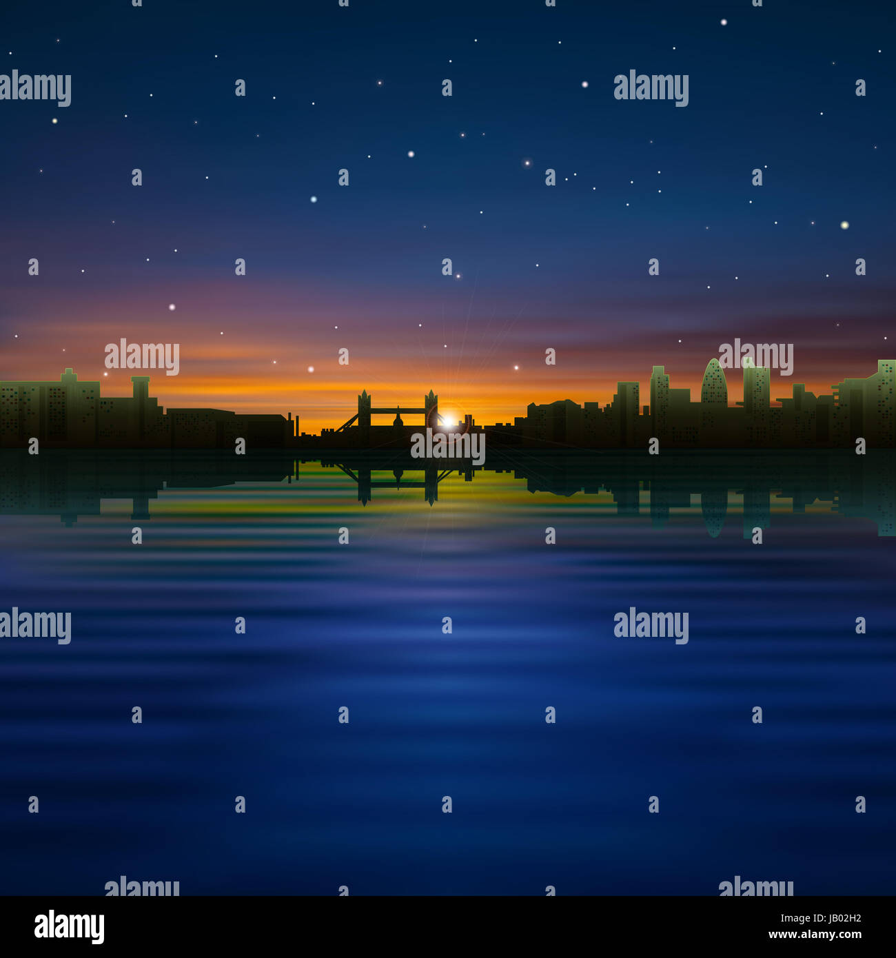 abstract blue nature background with silhouette of London and sunset ...