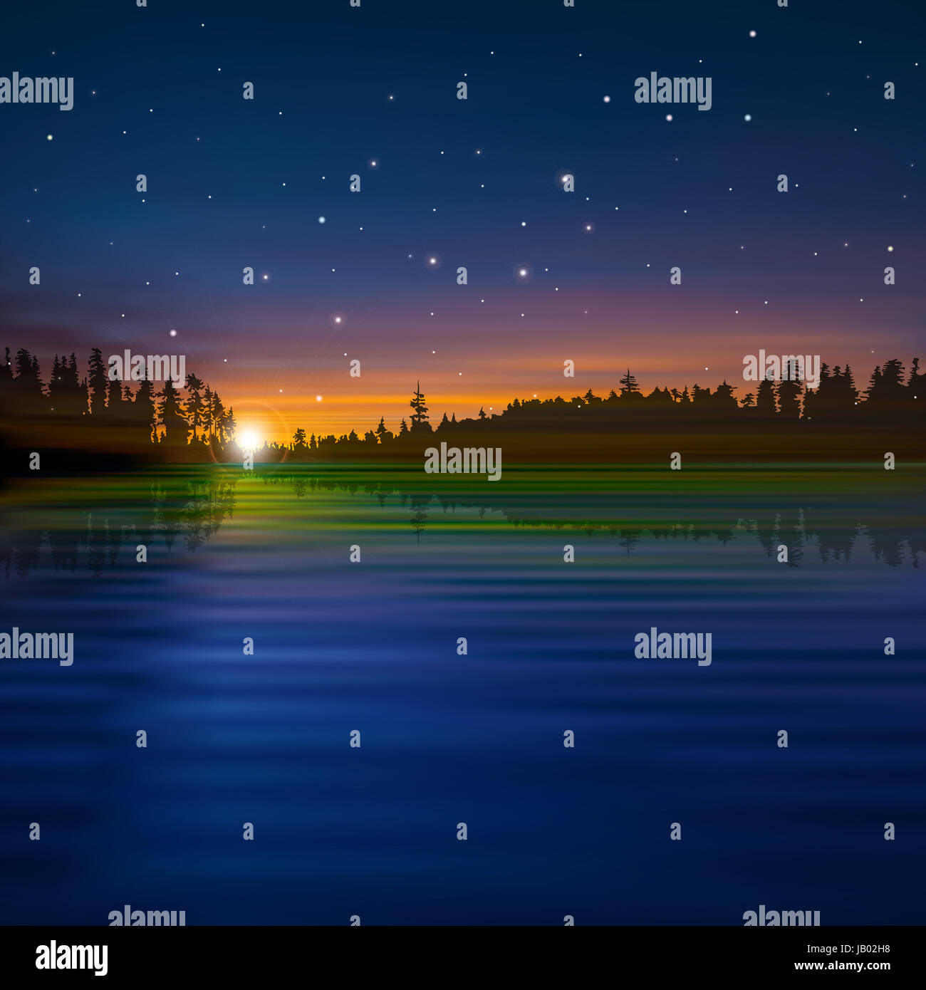 abstract nature background with sunset stars and forest lake Stock ...