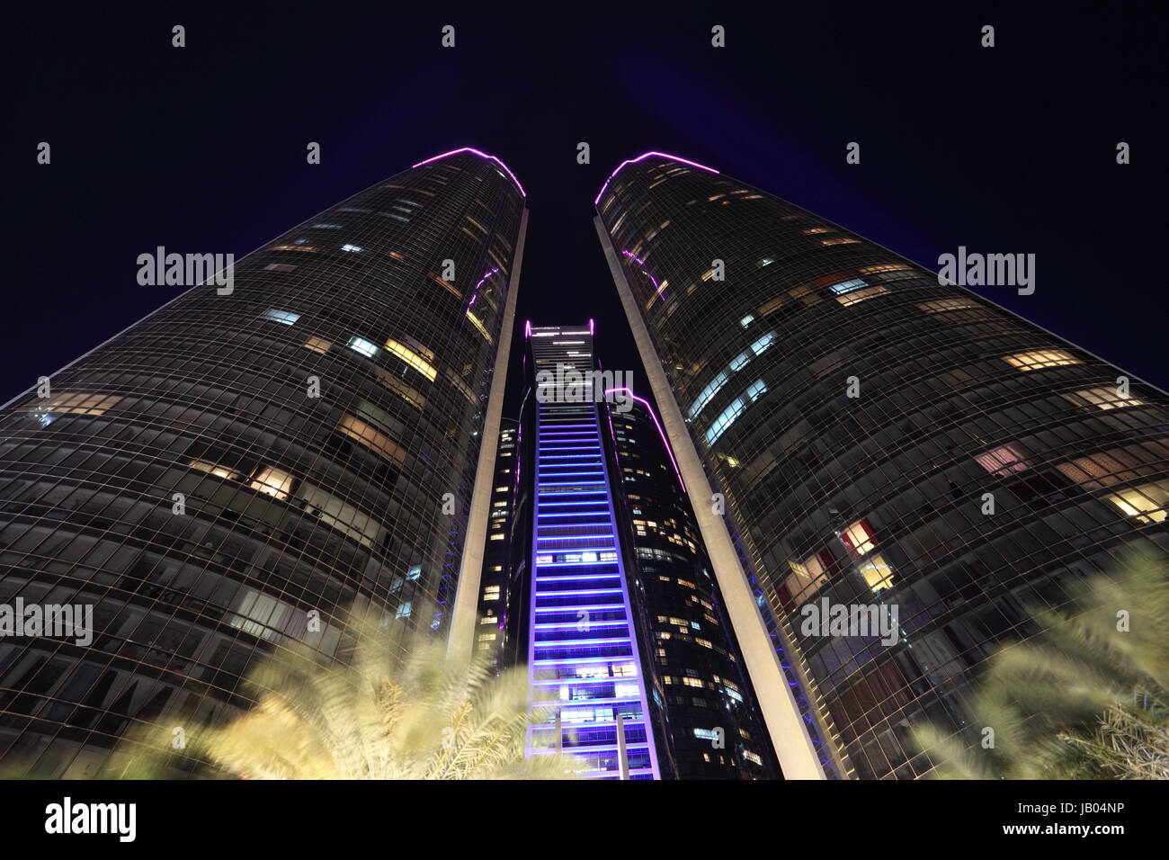 The Etihad Towers at night. Abu Dhabi, United Arab Emirates Stock Photo ...