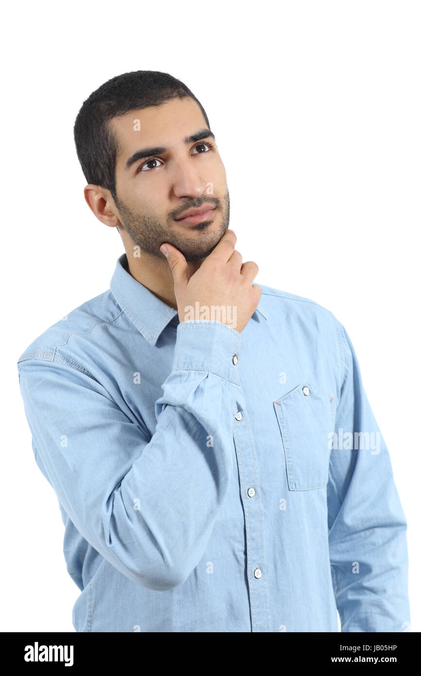 Arab casual man thinking and looking above isolated on a white ...
