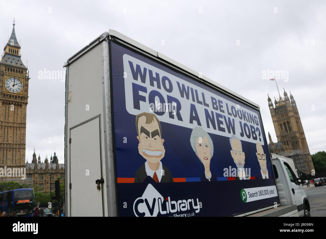 London, UK . 8th June 2017. A advertising van showing caricatures of ...