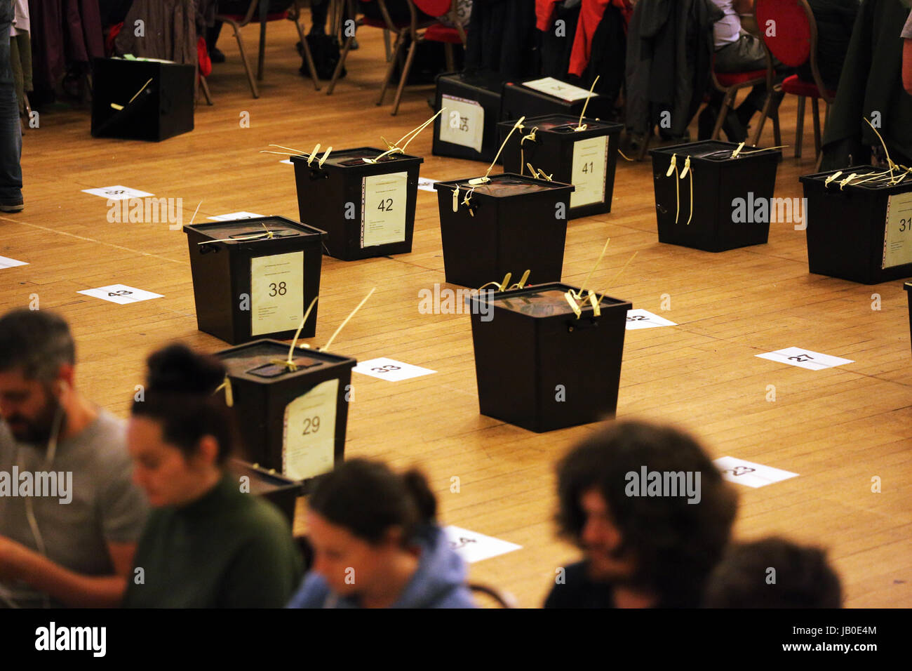 Swansea, UK. 09th June, 2017. Ballot boxes on the floor. Counting of ...
