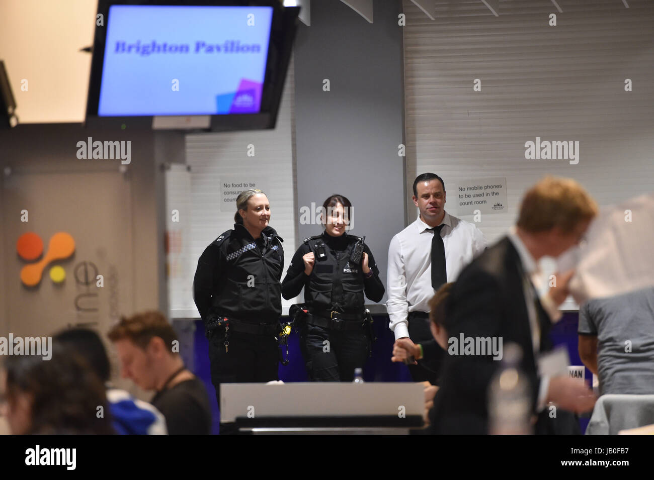 Brighton, UK. 9th June, 2017. Police officers at the counts for ...