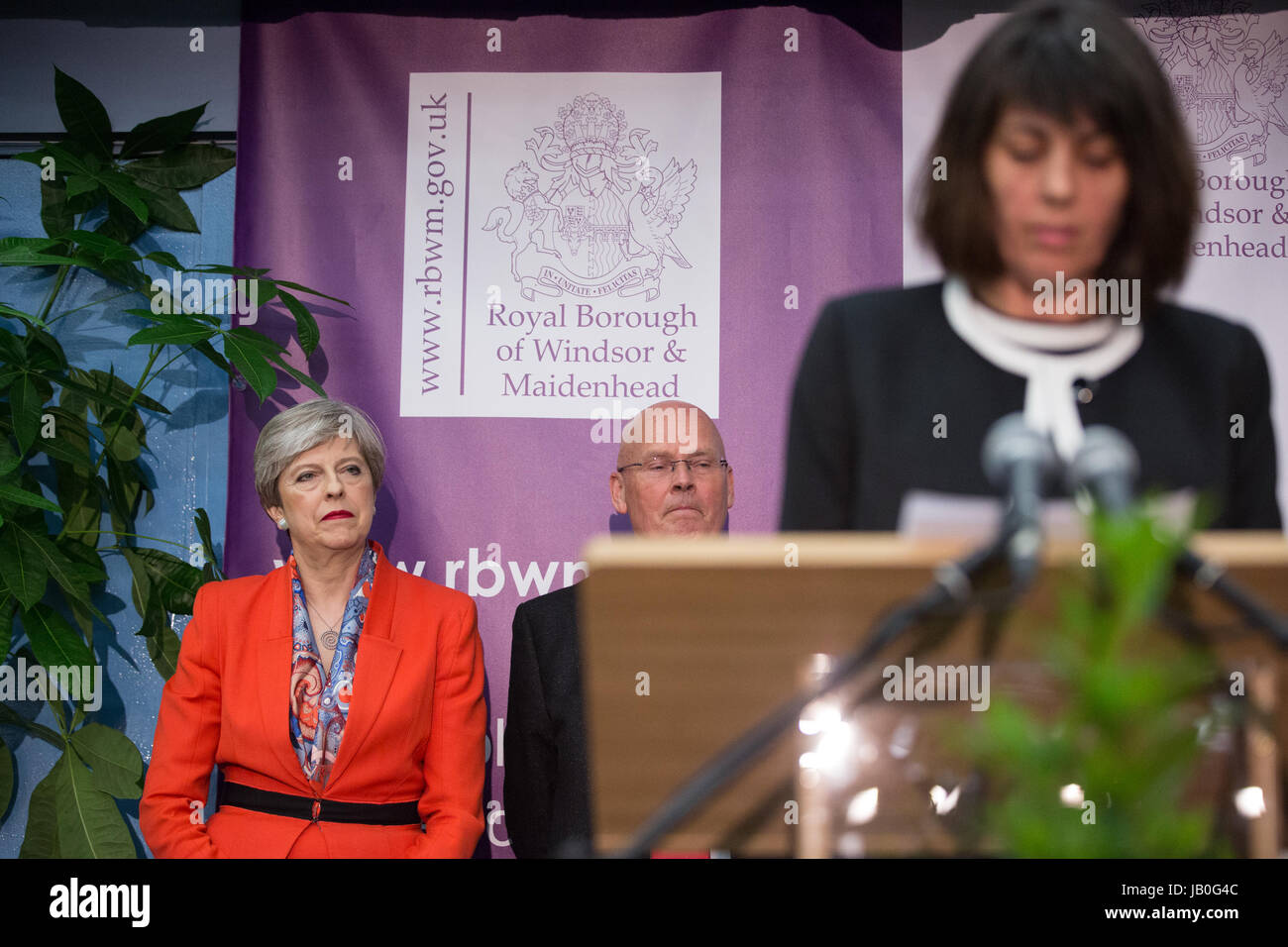Maidenhead, UK. 9th June, 2017. Theresa May listens to Alison Alexander ...