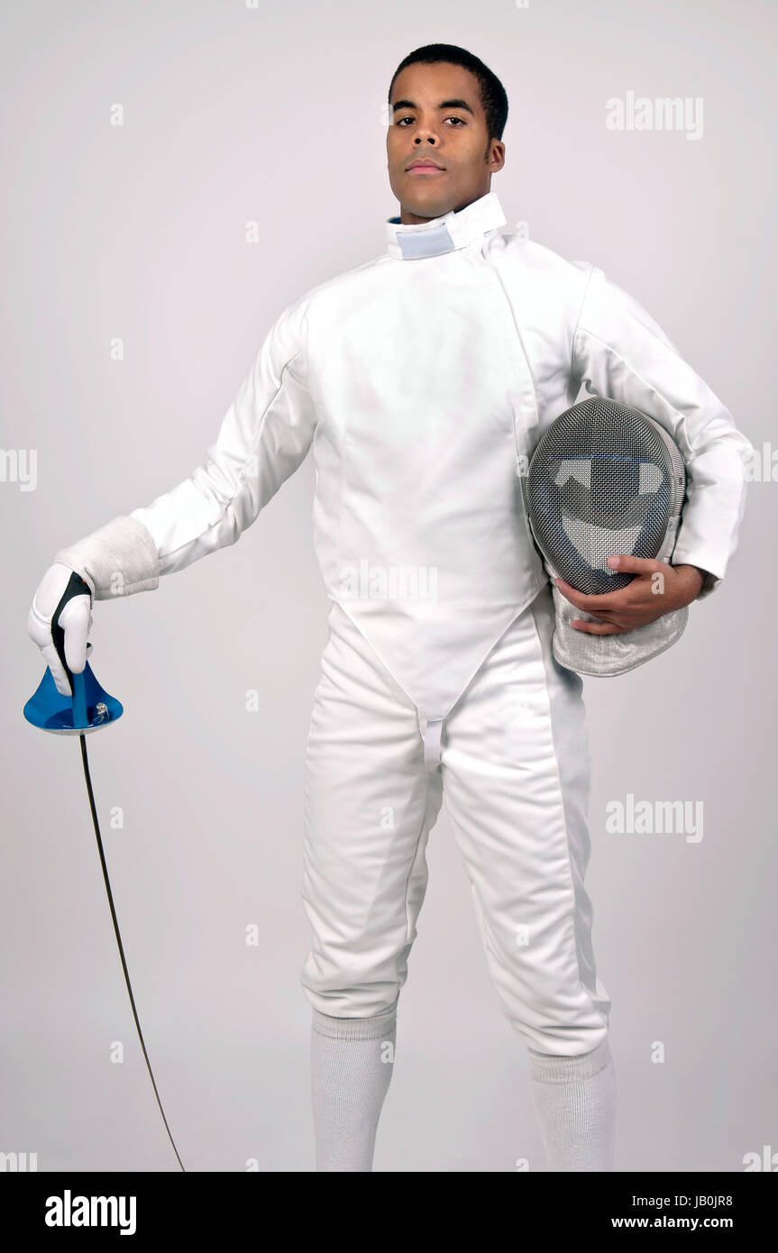 Male fencer isolated in a light background Stock Photo - Alamy