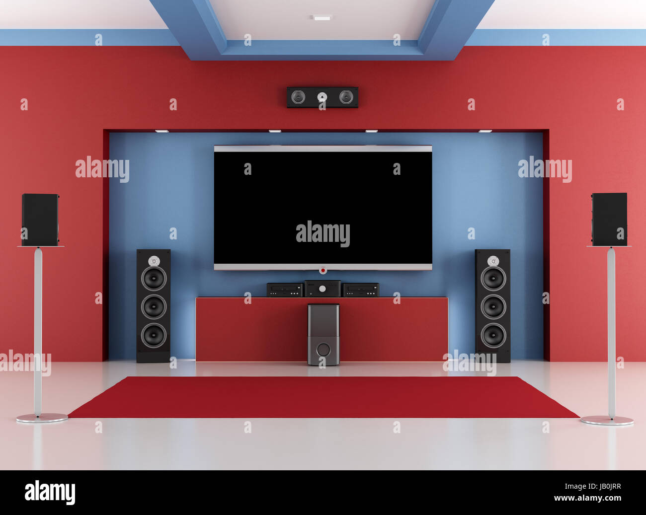 Red and blue home cinema room with led tv - rendering Stock Photo - Alamy