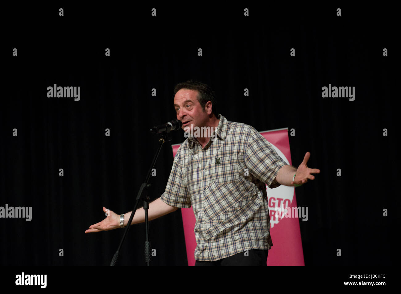 Comedian Mark Thomas speaking in the Town Hall at the 2017 Stoke ...