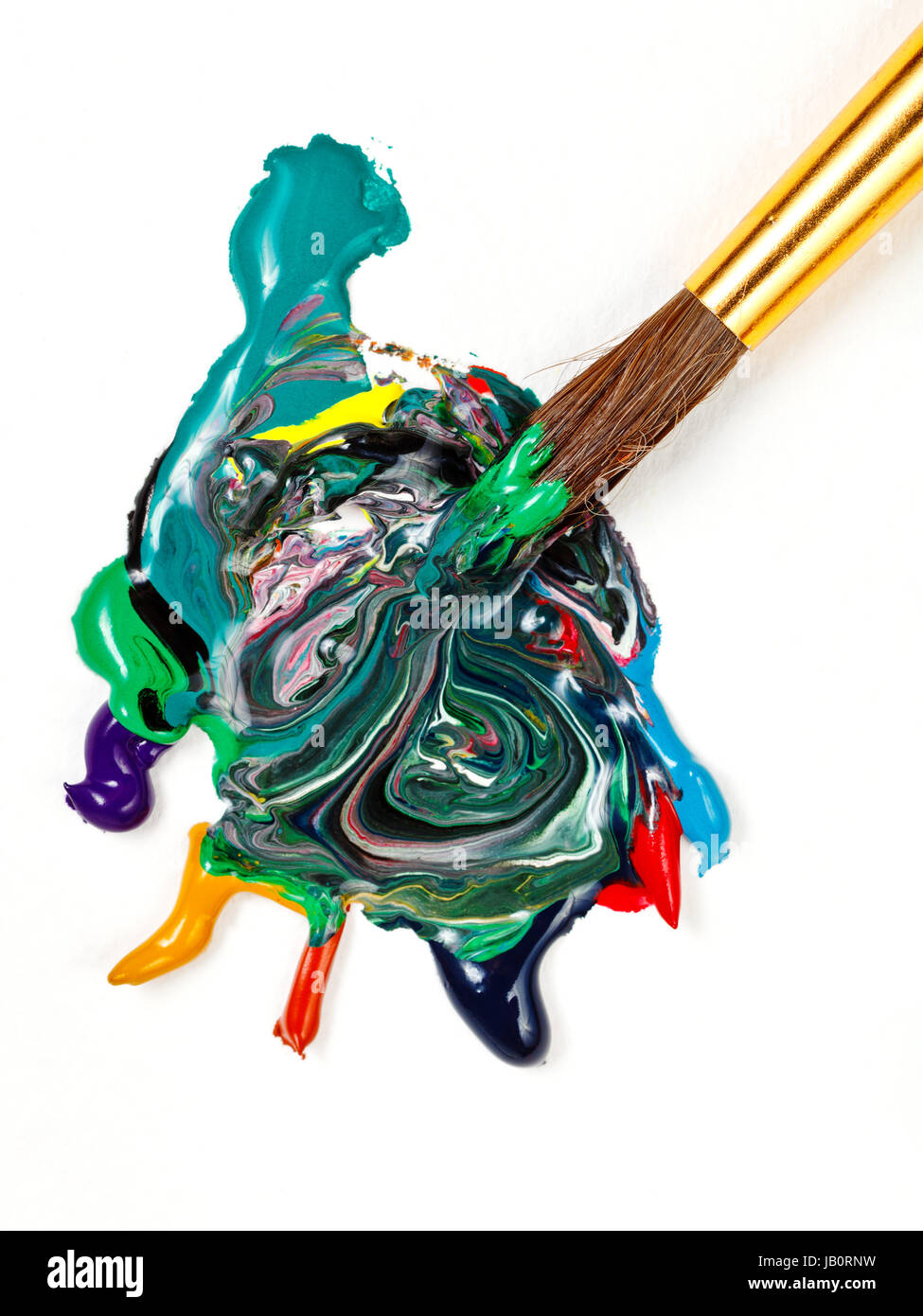 round paintbrush mix multicolored watercolor paints close up Stock ...