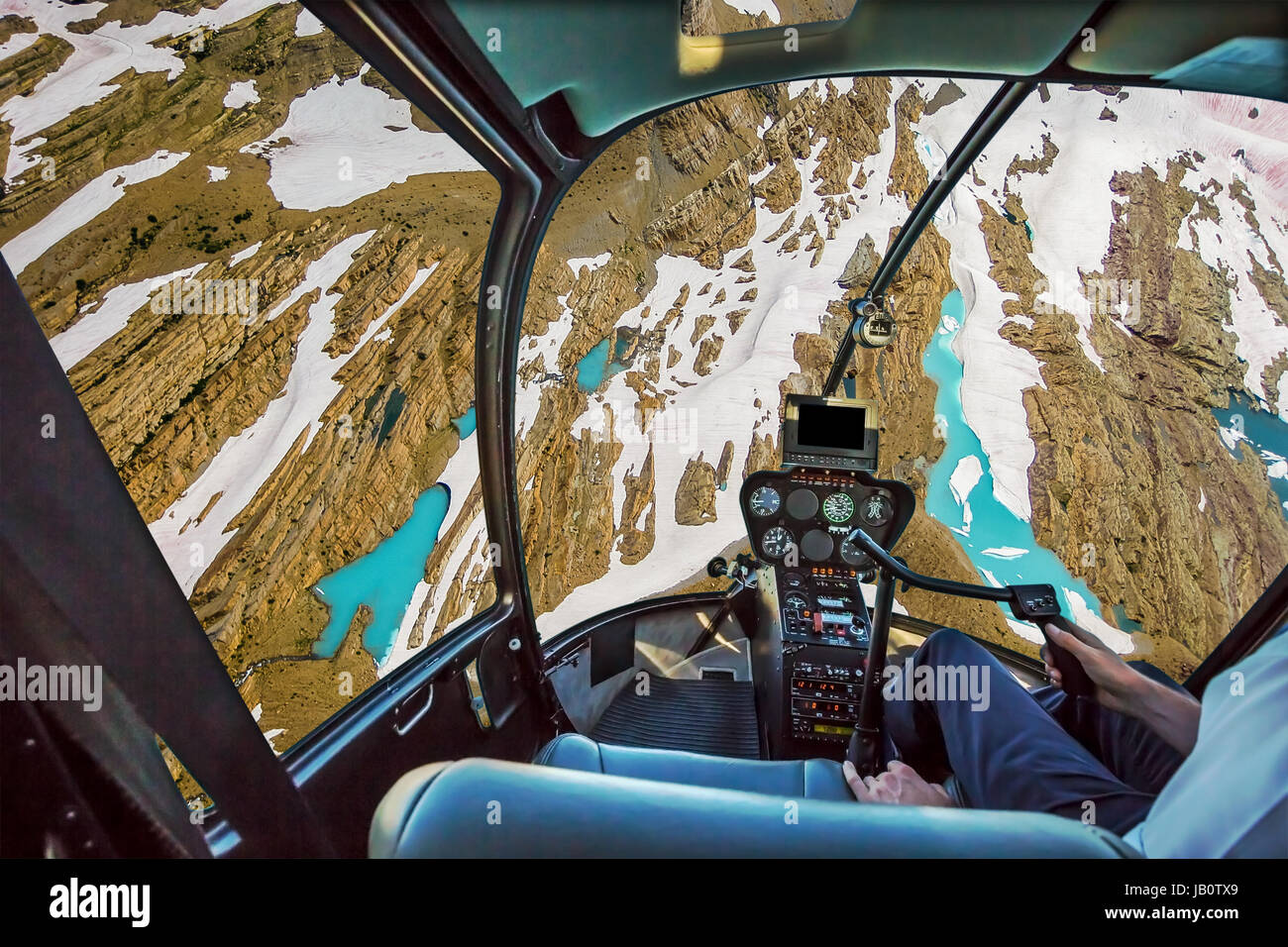 Helicopter cockpit with control console, aerial view from the cabin on ...