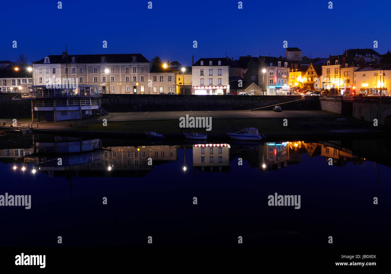 Blue hour on the city, river 'La Mayenne' (Mayenne city, Mayenne ...