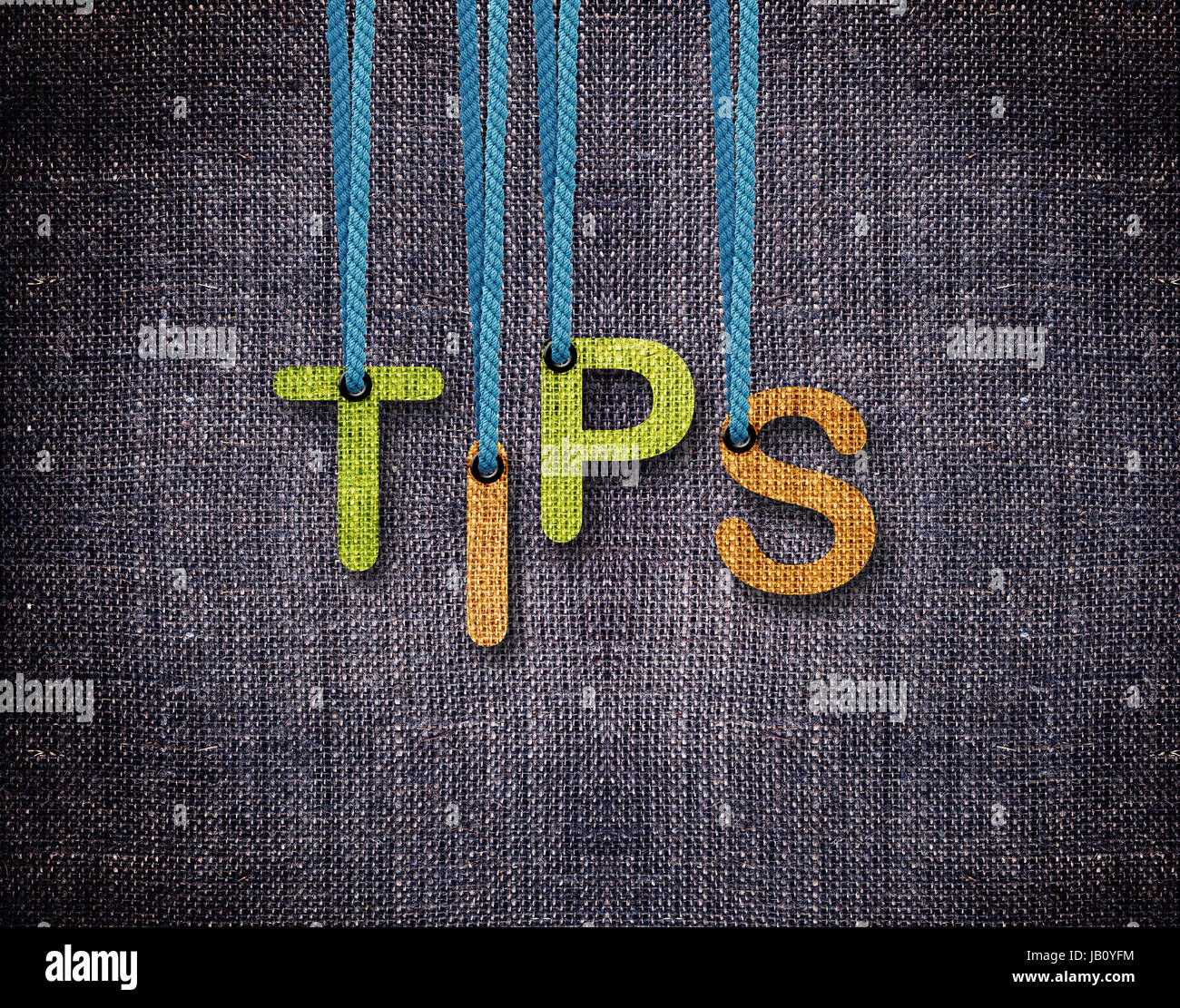 Tips Letters hanging strings with blue sackcloth background Stock Photo ...