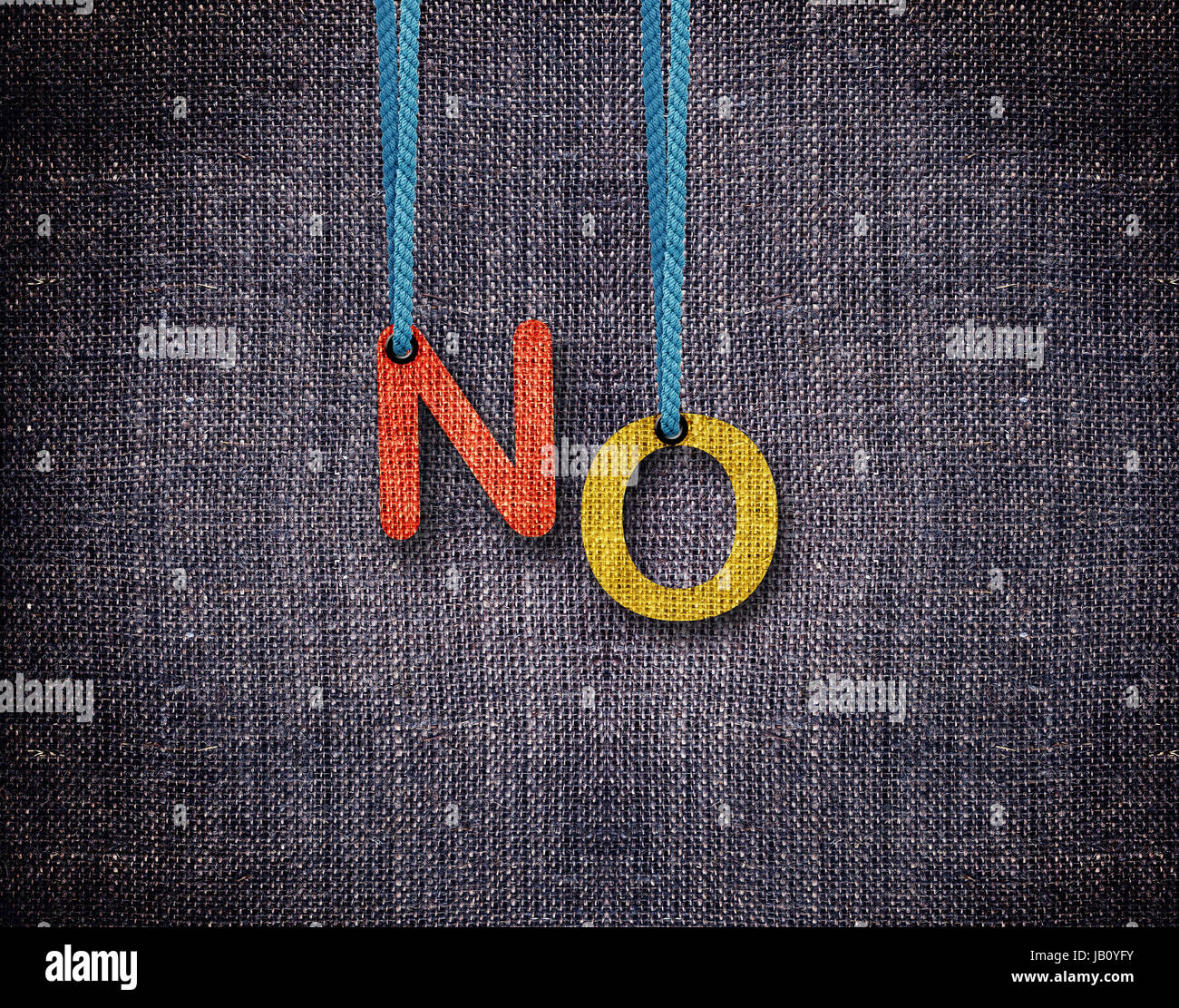 Letters hanging strings with blue sackcloth background Stock Photo - Alamy