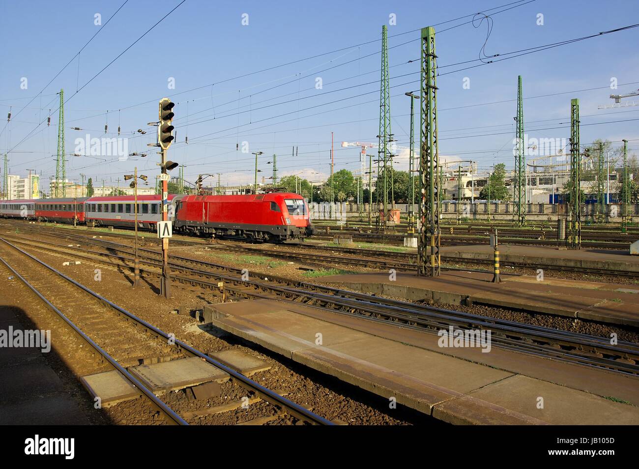 Complex railway track system with a train Stock Photo - Alamy
