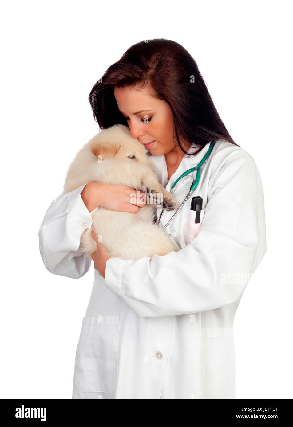 Pretty vet with a cute puppy isolated on white background Stock Photo ...