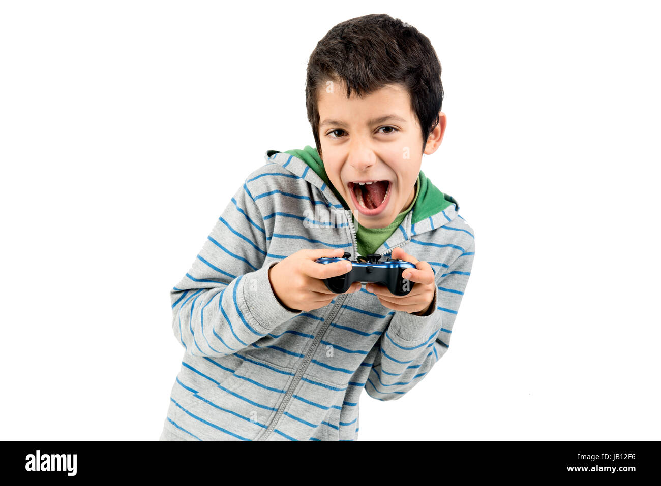 Boy playing video games making faces isolated in white Stock Photo - Alamy