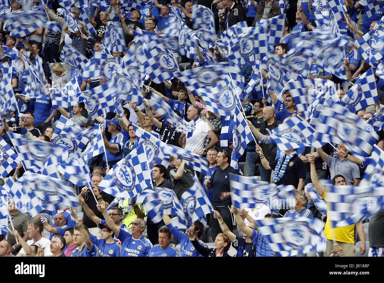 CHELSEA FANS WAVE FLAGS INSIDE BAYERN MUNICH V CHELSEA FC ALLIANZ ARENA ...