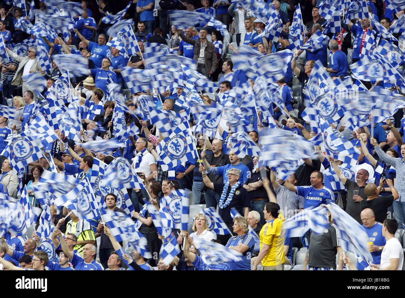 CHELSEA FANS WAVE FLAGS INSIDE BAYERN MUNICH V CHELSEA FC ALLIANZ ARENA ...