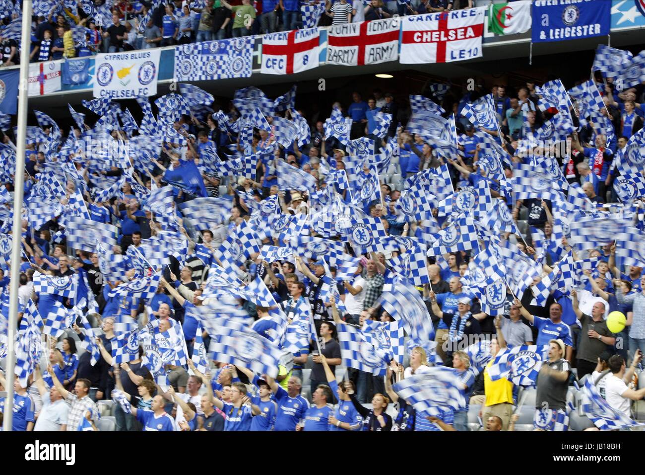 CHELSEA FANS WAVE FLAGS INSIDE BAYERN MUNICH V CHELSEA FC ALLIANZ ARENA ...