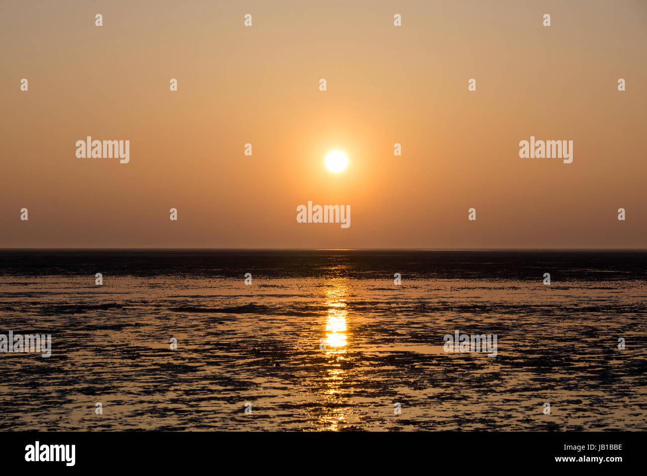 Sunset, mudflat, Lower Saxon Wadden Sea National Park, Cuxhaven, Lower ...