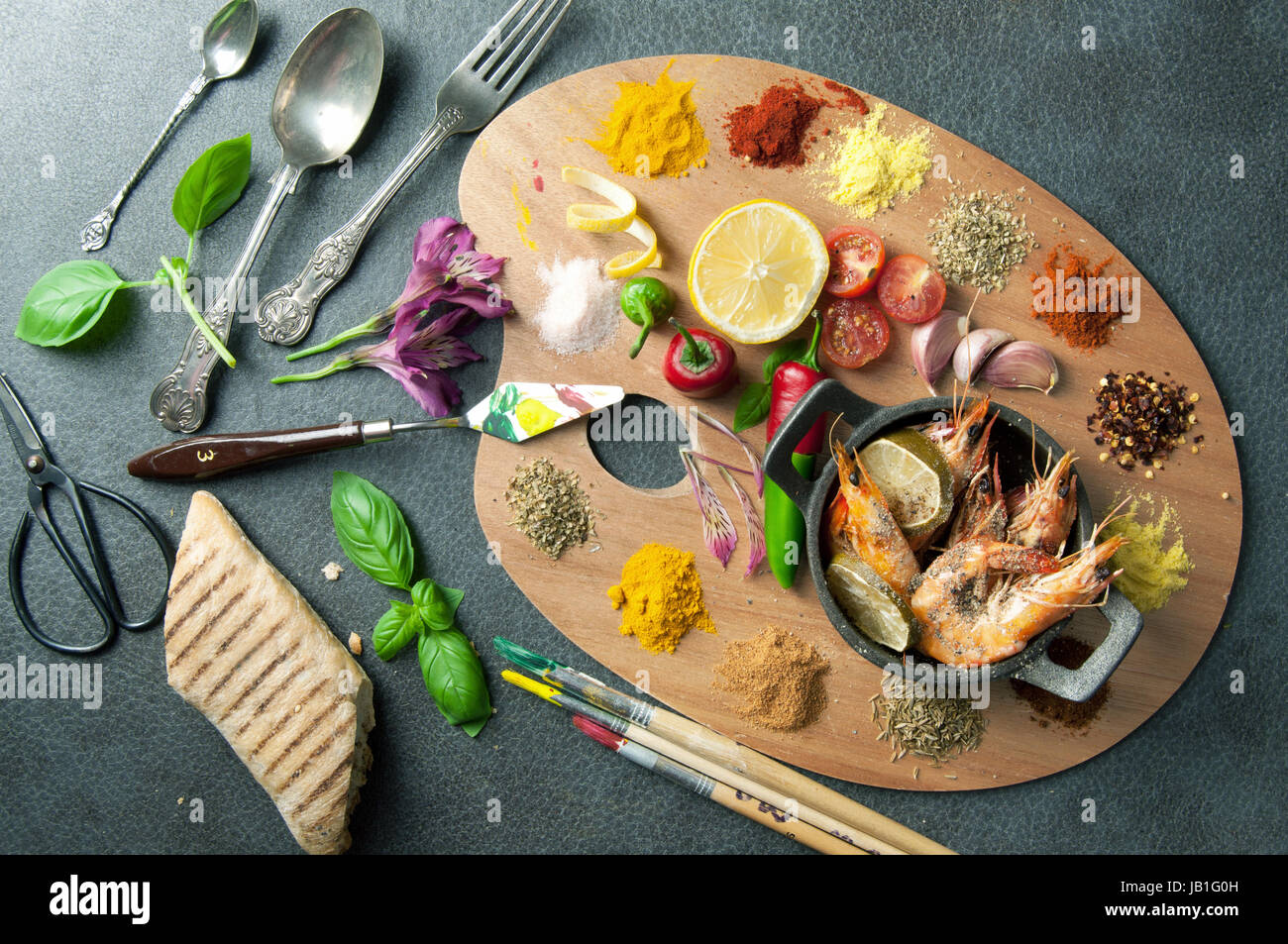 Food palette with fresh ingredients including herbs and spices Stock ...